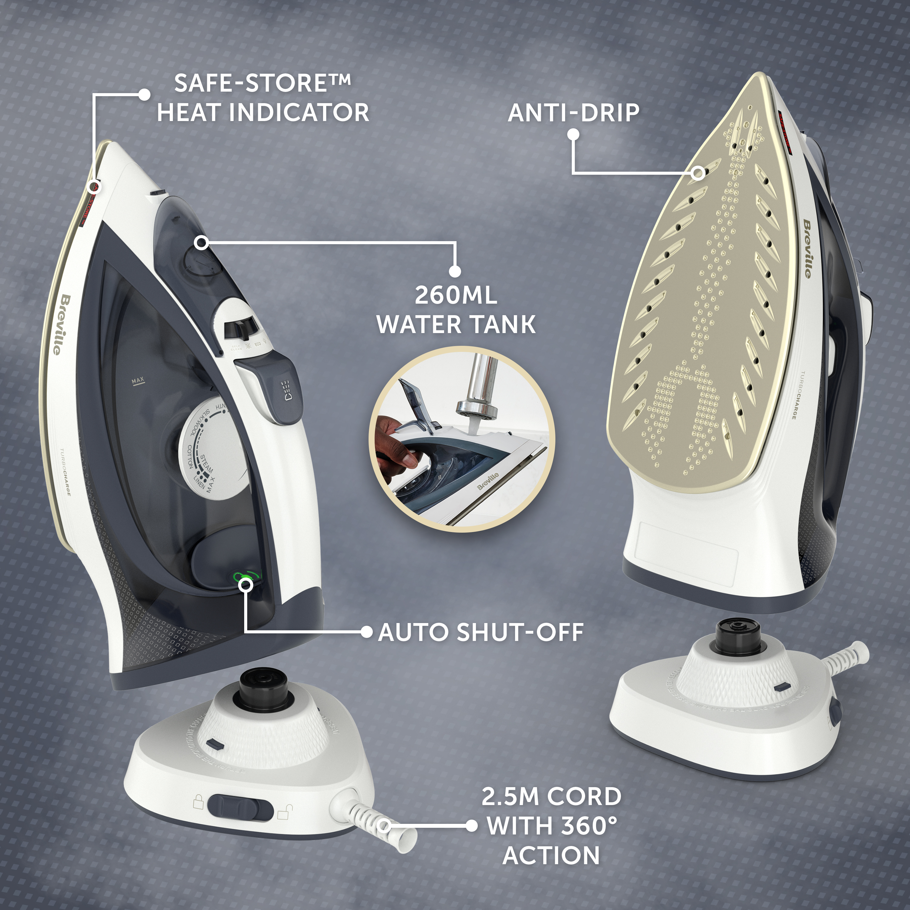 Breville VIN439 Turbo Charge Cordless Iron 2600W Fast Charging & Heat ...